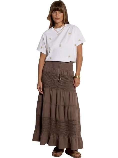 APRICOT Crochet Detail Tiered Maxi Skirt - Stone