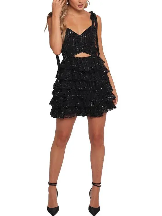 PETAL & PUP Brooke Tiered Cutout Minidress With Sequins - Black