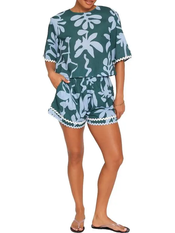 PETAL & PUP Gaia Linen-like Printed Short Set - Blue Leaf