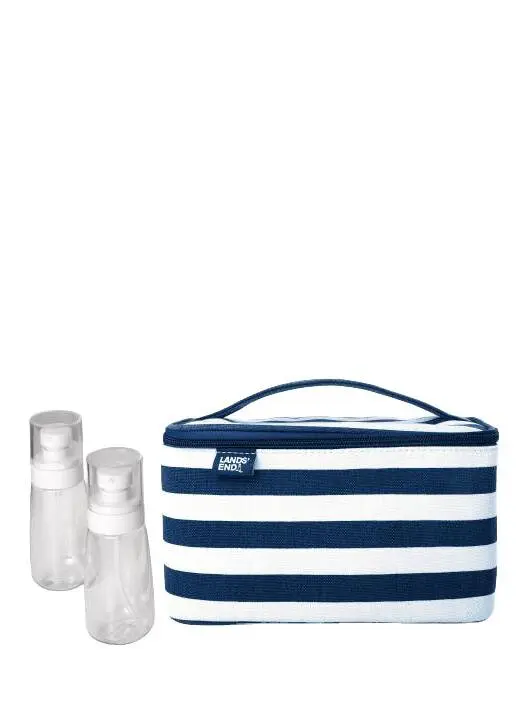 LANDS' END Large Makeup Bag Train Case With Travel Bottles - Navy