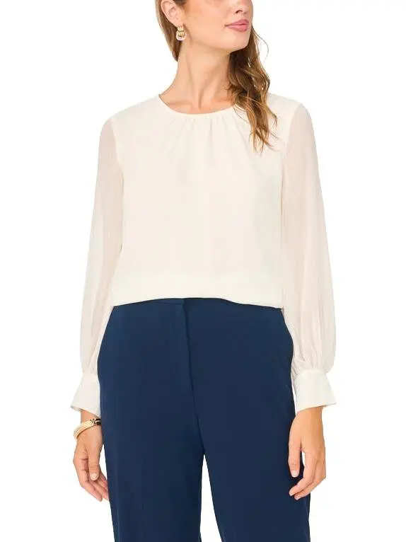 Vince Camuto Gathered Crewneck Sheer Sleeve Top - Toasted