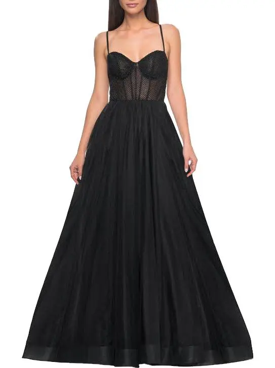 La Femme A-line Tulle Gown With Rhinestone Embellished Bodice And Thigh-high Slit - Black