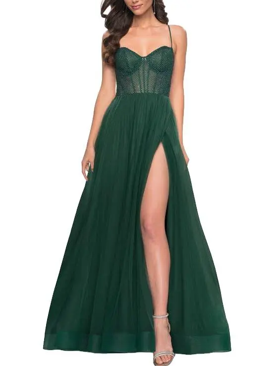 La Femme A-line Tulle Gown With Rhinestone Embellished Bodice And Thigh-high Slit - Dark Emerald