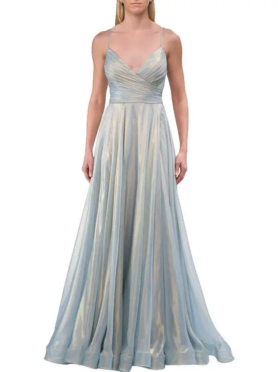 La Femme Metallic Chiffon Gown With Flowing Skirt And Thigh-high Slit - Light Blue