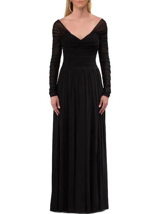 La Femme Off-the-shoulder Long Sleeve Ruched Gown - Black