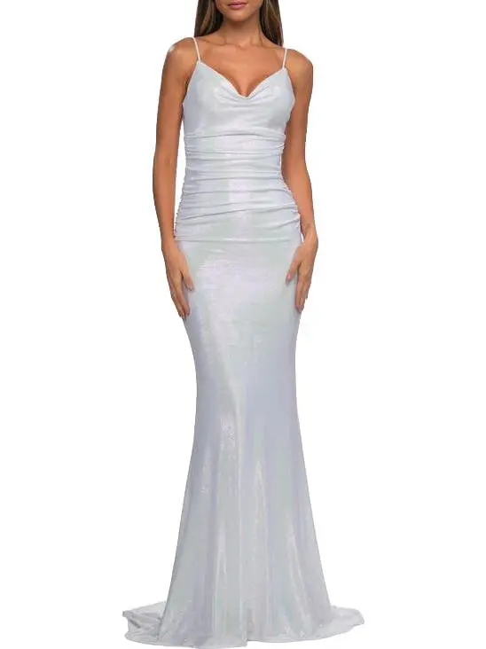La Femme Metallic Ruched Gown With Illusion Back - Ivory