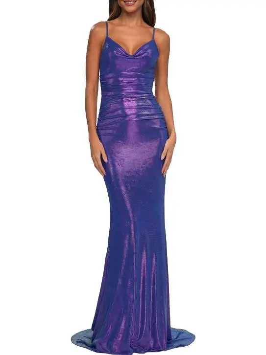 La Femme Metallic Ruched Gown With Illusion Back - Periwinkle
