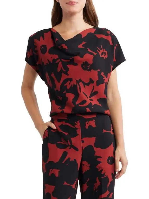 Anne Klein Floral Print Cowl Neck Top - Rust/anne Black