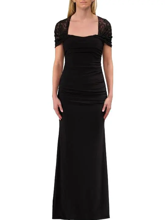 La Femme Ruched Evening Gown With Lace Sleeves - Black