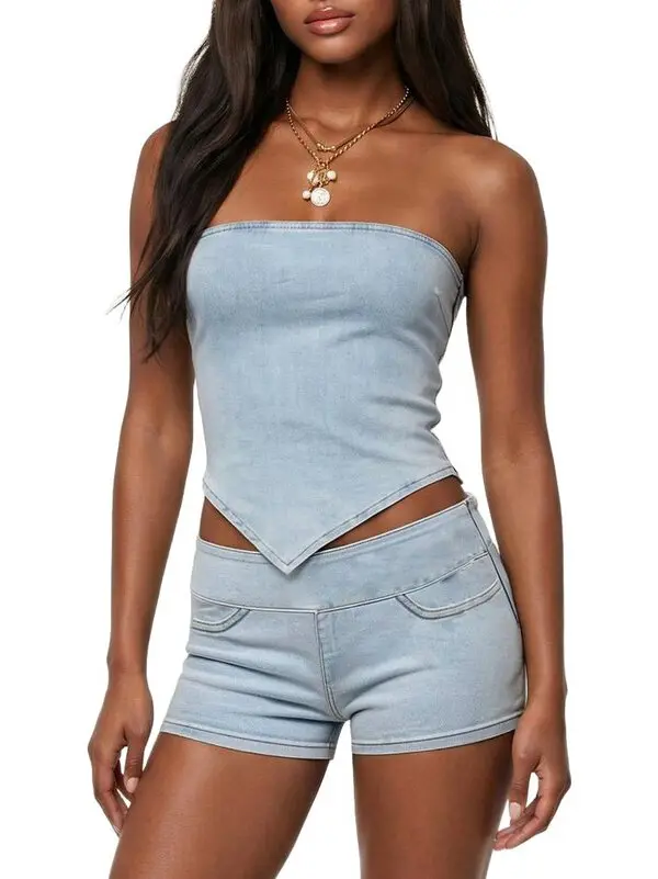 EDIKTED Zaida Strapless Handkerchief Hem Denim Top - Light-blue