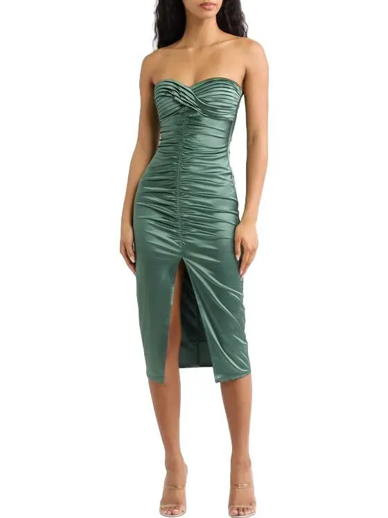 EMERALD SUNDAE Strapless Ruched Midi Dress With Front Slit - Moss