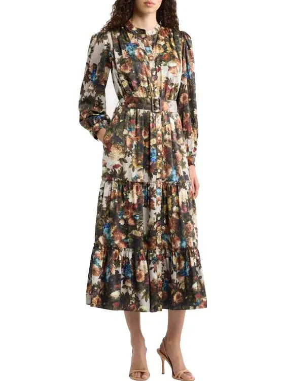 Elie Tahari Floral Print Maxi Dress With Belted Waist And Billowed Sleeves - Mystical Forrest