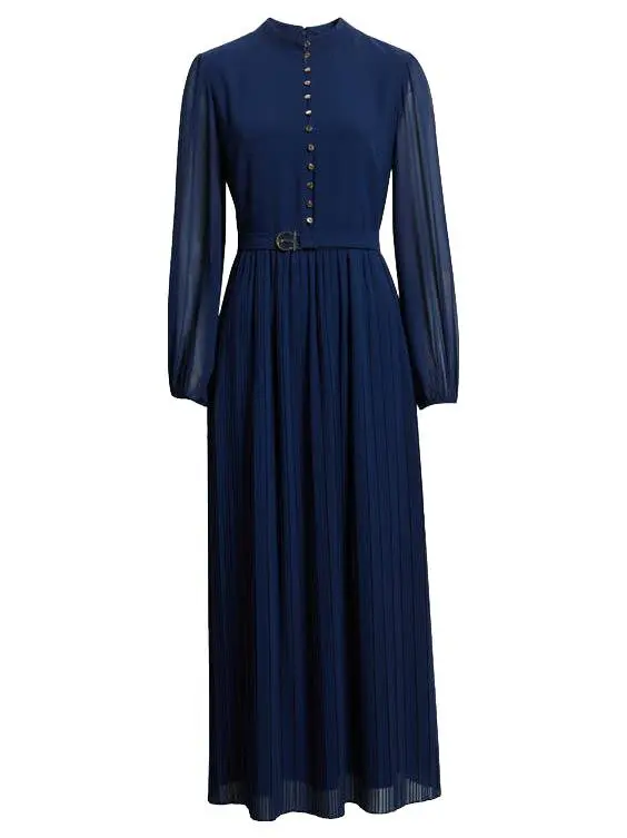 Elie Tahari Adira Long Sleeve Maxi Dress With Belted Waist - Twilight Sky