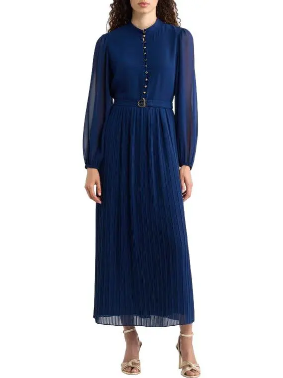 Elie Tahari Adira Long Sleeve Maxi Dress With Belted Waist - Twilight Sky