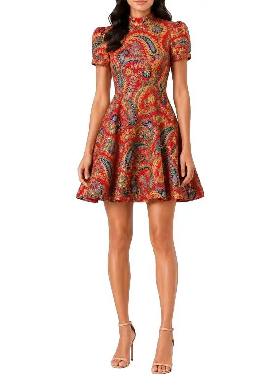 HOLICHIC Nour Print Puff Sleeve Silk Mini Dress - Red