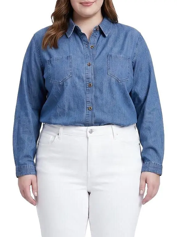 STANDARDS & PRACTICES Denim Button-up Shirt With Spread Collar And Chest Pockets - Indigorinse