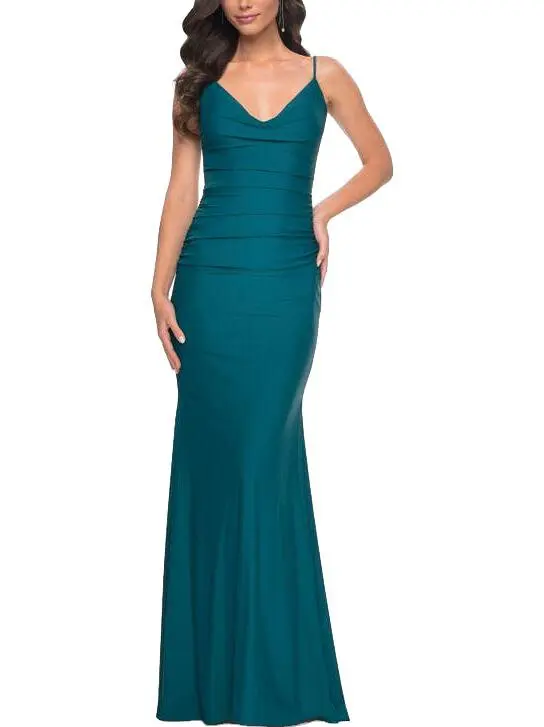 La Femme Illusion Back Boning Detail Jersey Gown - Dark Teal