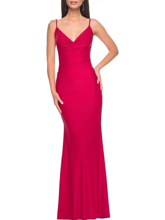 La Femme Illusion Back Boning Detail Jersey Gown - Red