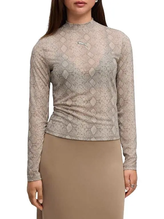 PUMA Snake Print Mesh Long Sleeve Mock Neck Top - Mouse Gray