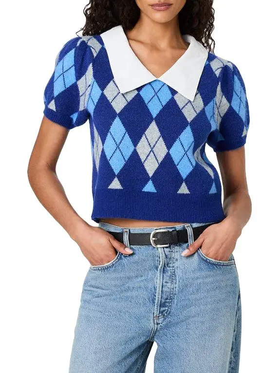 French Connection Koda Argyle Knit Combo Sweater With Puff Sleeves - Oversized Argyle
