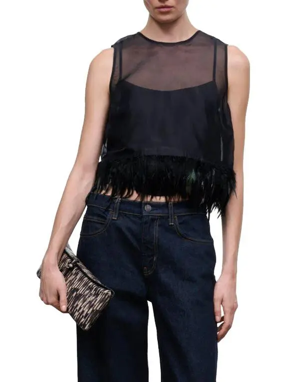 Staud Sleeveless Feather Trim Silk Top - Black