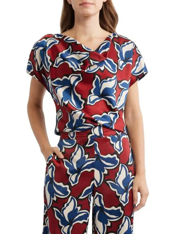 Anne Klein Cowl Neck Floral Short Sleeve Top - Rust Multi