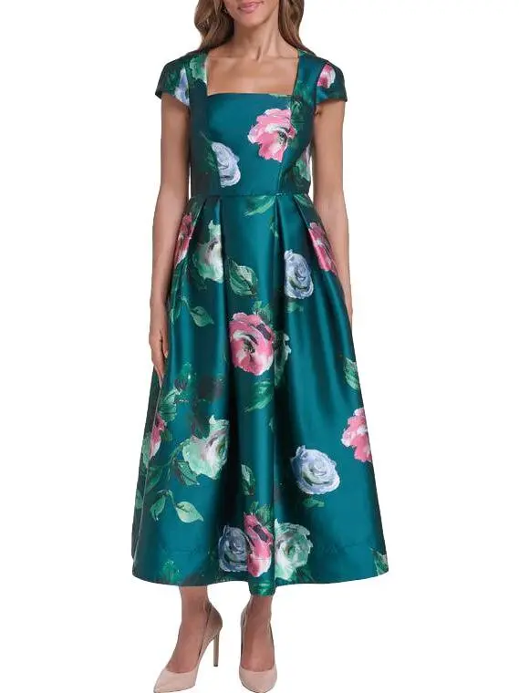 Eliza J Square Neck Floral Satin Midi Dress - Hunter