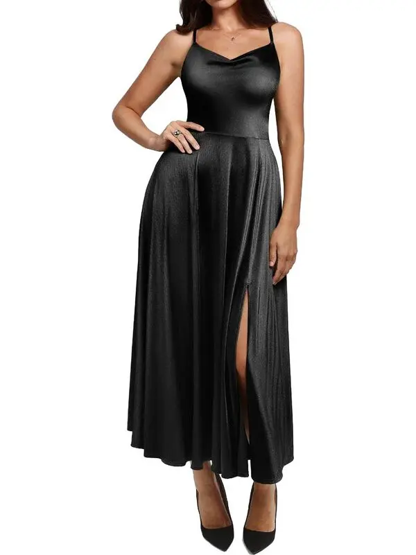 POPILUSH Built-in Shapewear Glitter Spaghetti Strap Slit Maxi Dress - Jet