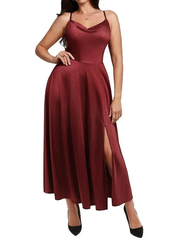 POPILUSH Built-in Shapewear Glitter Spaghetti Strap Slit Maxi Dress - Ruby