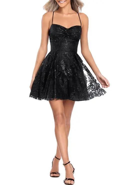 BLONDIE NITES Glittered Fit & Flare Mini Dress With Strappy Back - Black