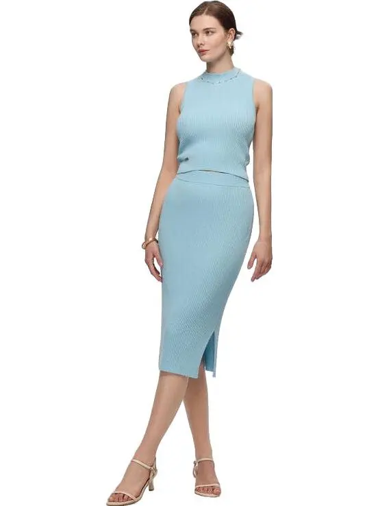 JUANA Sera Rib Knit Midi Skirt With Slit - Blue