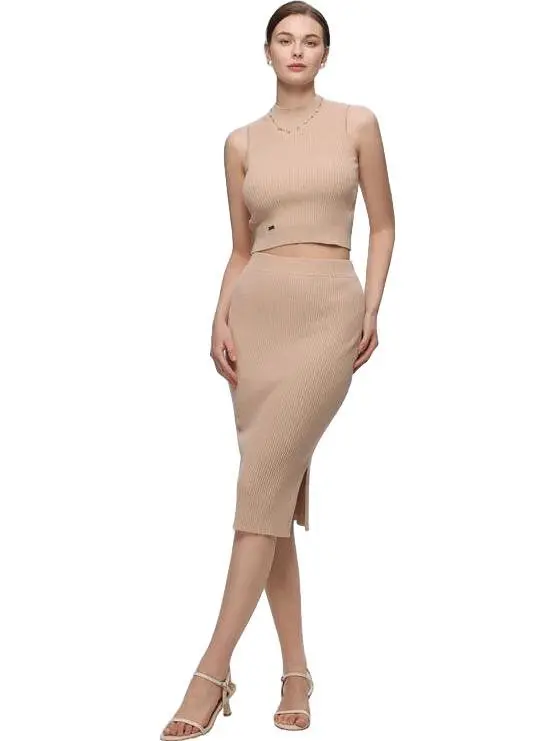 JUANA Sera Rib Knit Midi Skirt With Slit - Tan