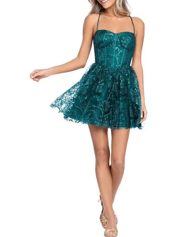 BLONDIE NITES Sequin Corset Fit & Flare Cocktail Minidress - Teal