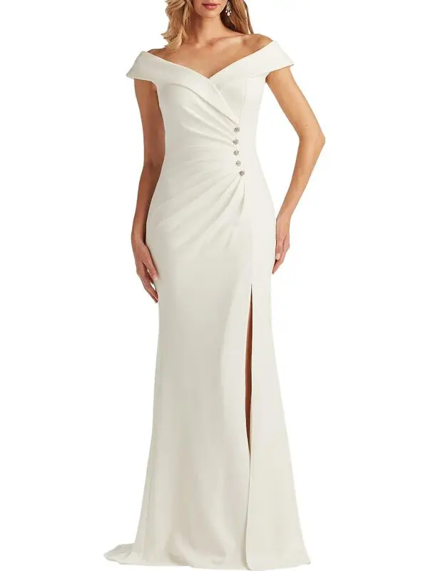 Tadashi Shoji Off-the-shoulder Crepe Trumpet Gown - Ivory