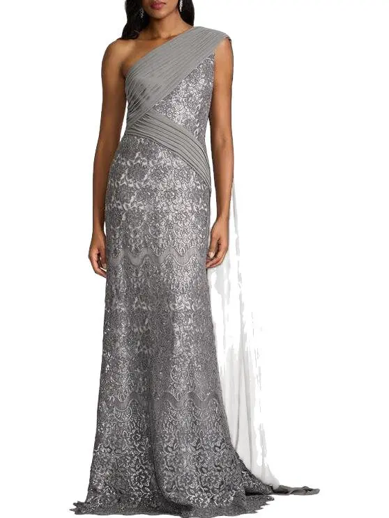 Tadashi Shoji Sequin Cape Gown - Mist