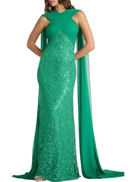 Tadashi Shoji Sequin Lace Cape Halter Gown - Ancient Jade