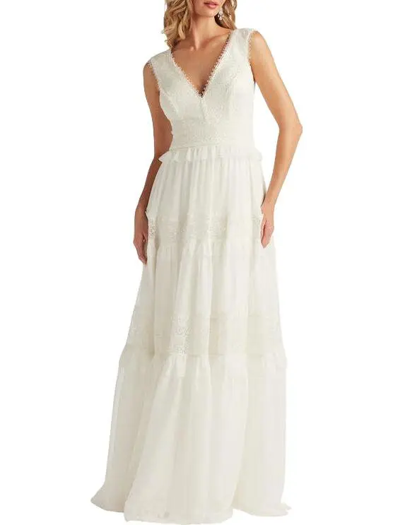 Tadashi Shoji Lace Sleeveless Chiffon Gown - Ivory