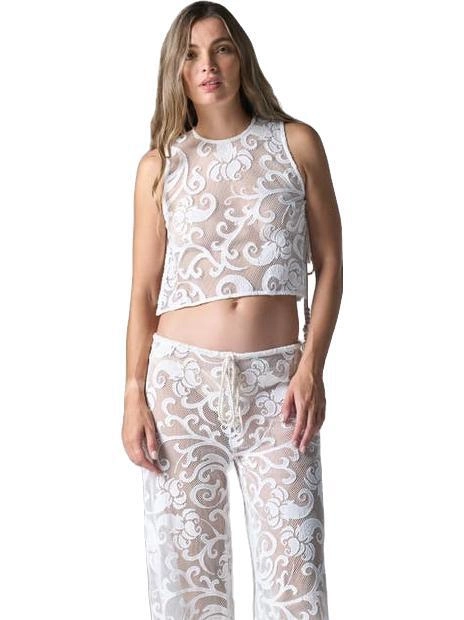 JBQ Sleeveless Paisley Knit Cropped Top With Beaded Ties - White