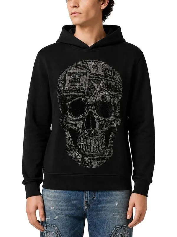 Philipp Plein Skull Graphic Embellished Cotton Hoodie - Black