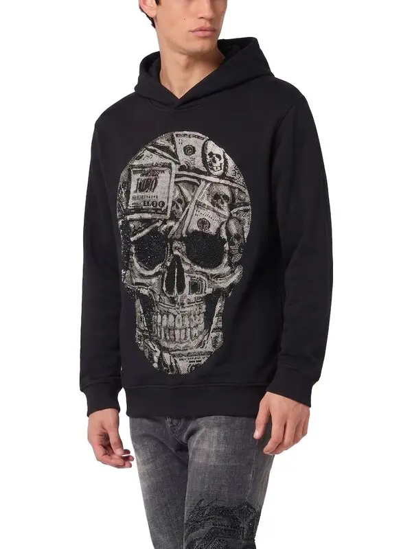 Philipp Plein Skull Graphic Embellished Cotton Hoodie - Black