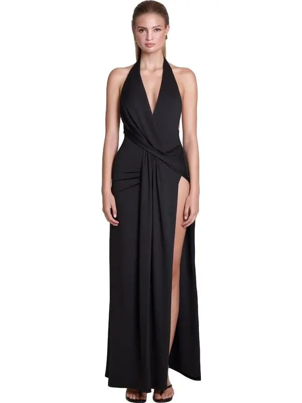 LEAU Palermo Plunge Drape Maxi Dress - Black