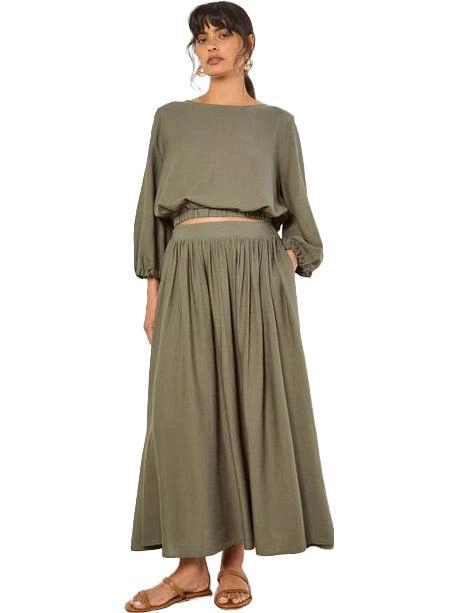 APRICOT Linen Blend Pleated Midi Skirt - Khaki