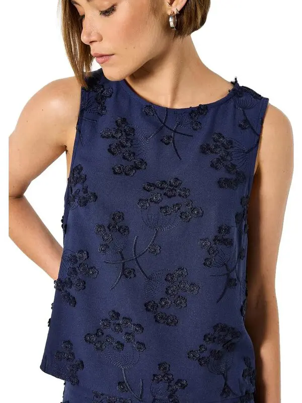 APRICOT Embroidered Dandelion Linen-blend Sleeveless Top - Navy