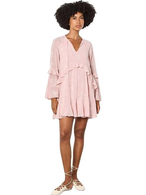 APRICOT Paisley Embroidered Boho Mini Dress With Bell Sleeves - Pink