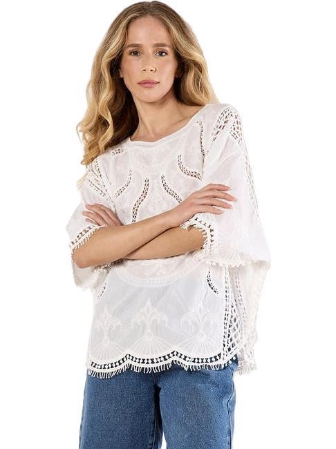 APRICOT Cotton Round Neck Crochet Top With Embroidery - White