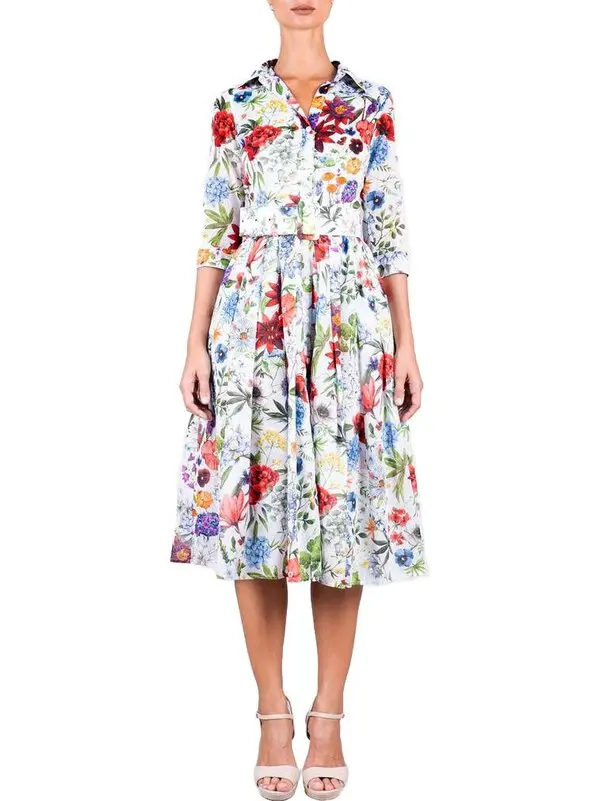Samantha Sung Multicolor Botanic Pleated Midi Shirtdress - White
