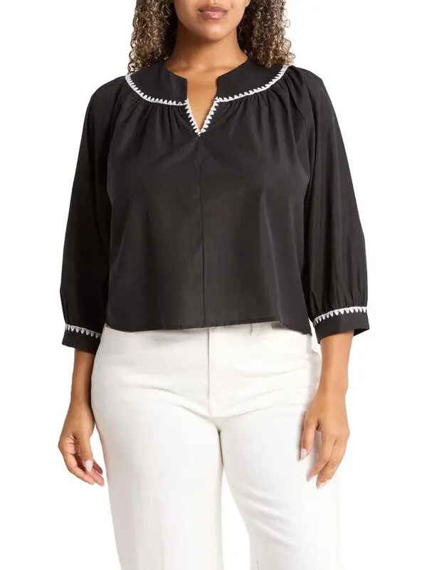 RAIN AND ROSE Embroidered Split Neck Balloon Sleeve Blouse - Black