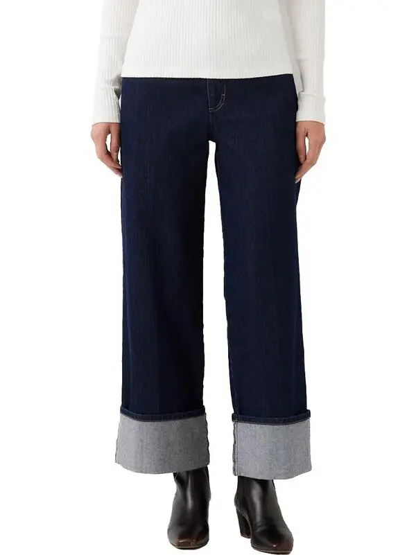 Karen Kane Cropped Wide Leg Jeans With Cuffed Hem - Indigo