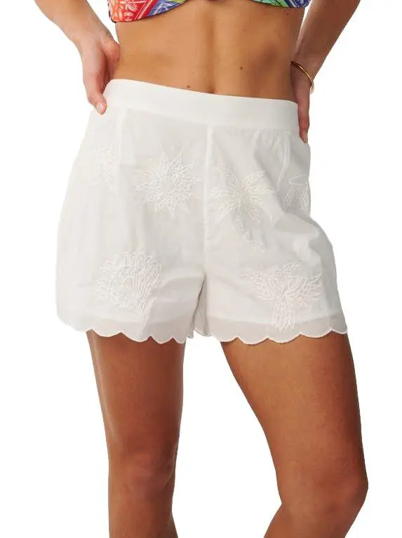 Rip Curl Bossa Nova Embroidered Scallop Hem Cotton Shorts - Bone
