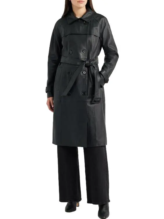 Donna Karan New York Double Breasted Leather Trench Coat - Black